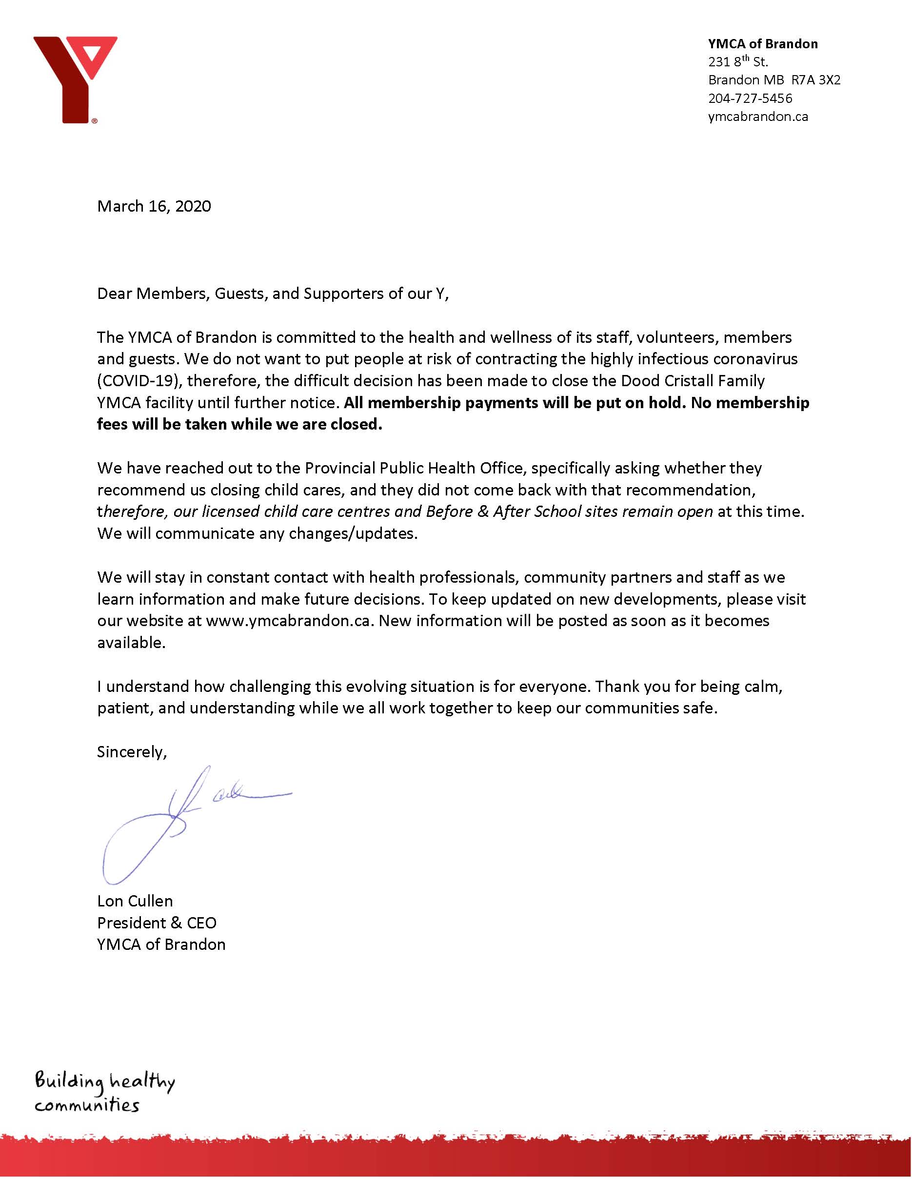 YMCA Brandon | Facility Notices